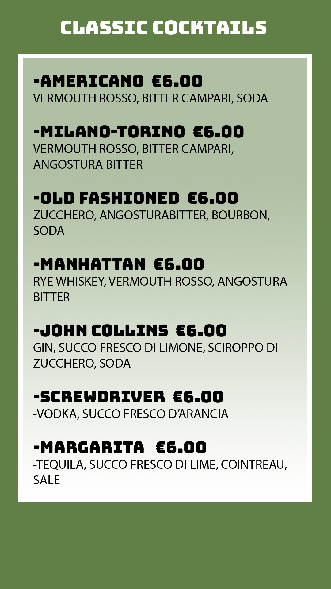 LISTA COCKTAIL - Green Bar - Colazioni Pranzi Aperitivi Cene